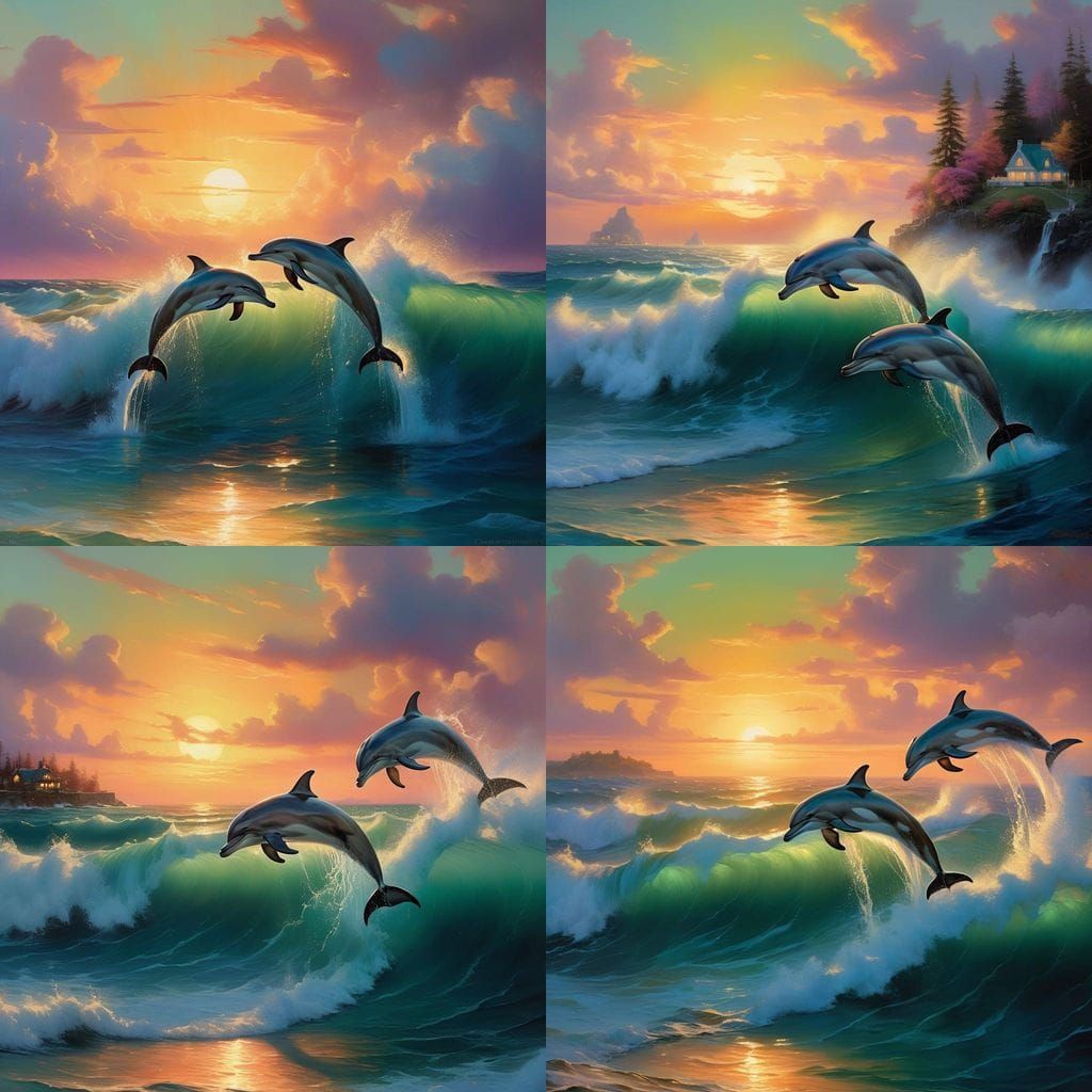 Ultra realistic Dolphins leaping in unison, their sleek bodies ...