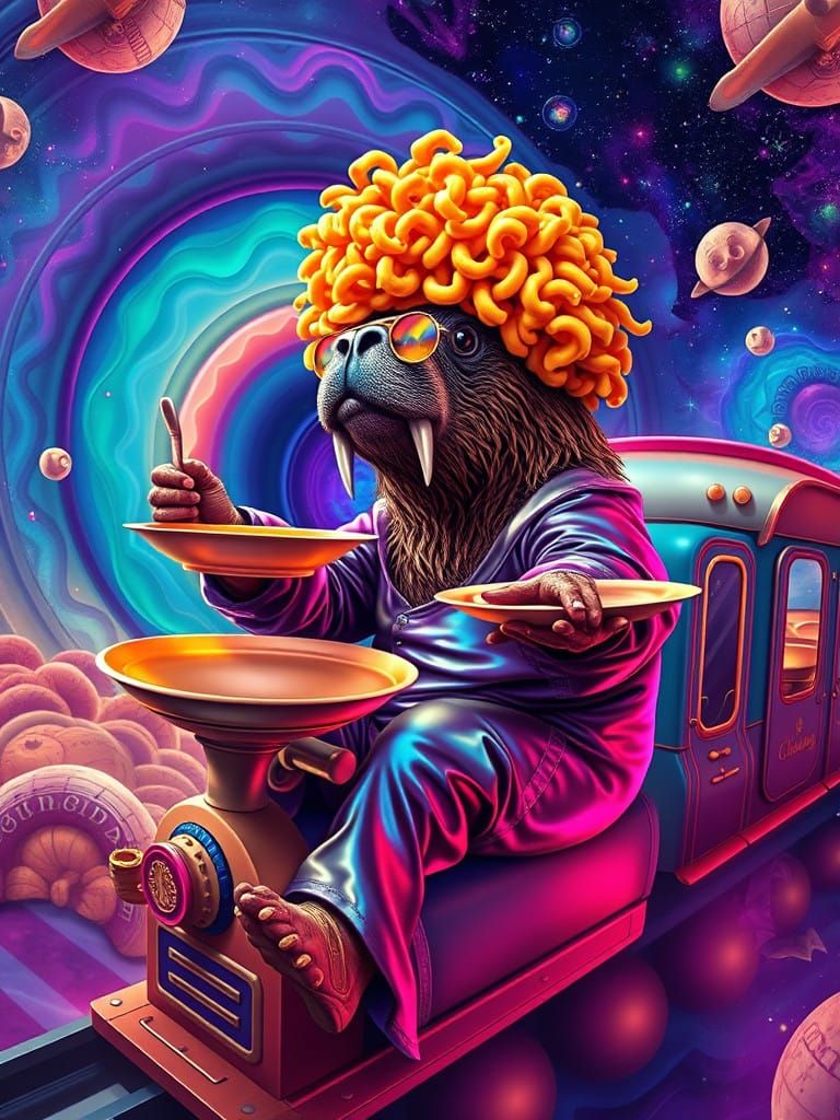 Psychedelic Walrus Rides Cosmic Train with Afro Ma... - AI Art