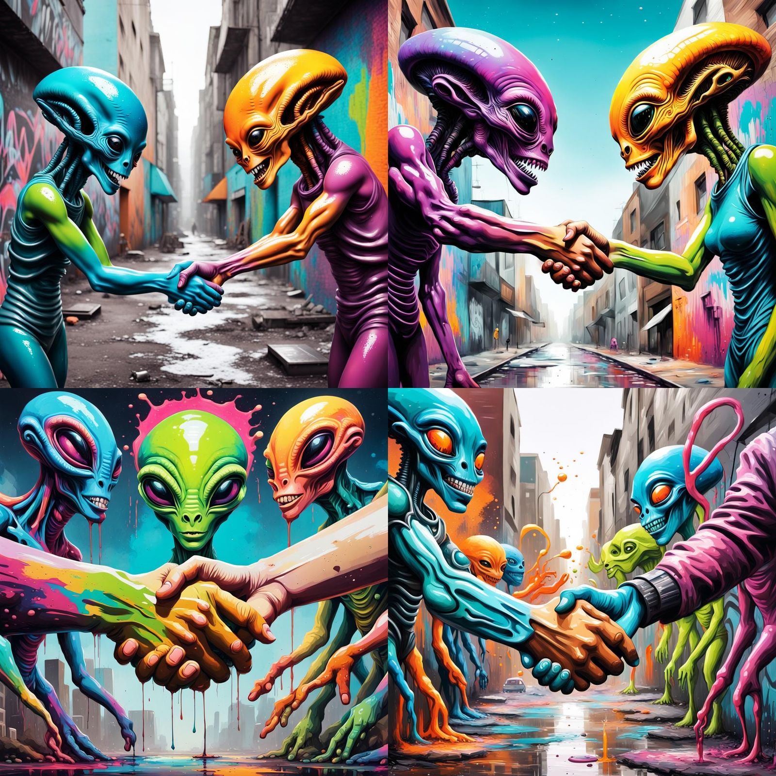 humans shake hands with aliens greeting them male female community ...