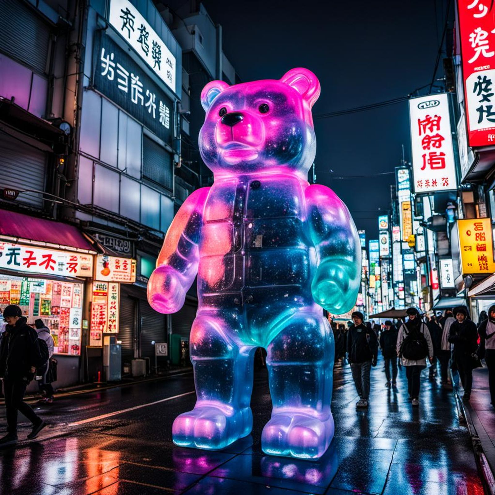 A giant Japanese gummy bear, translucent, 4 stories tall, walking ...