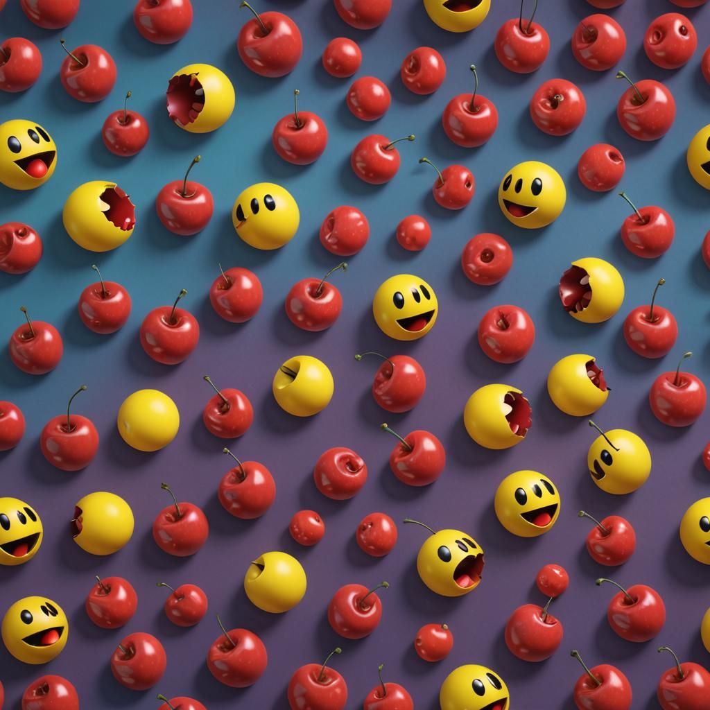 Pacman eating a cherry, tasty and juicy, Close up, Pixar, Disney ...