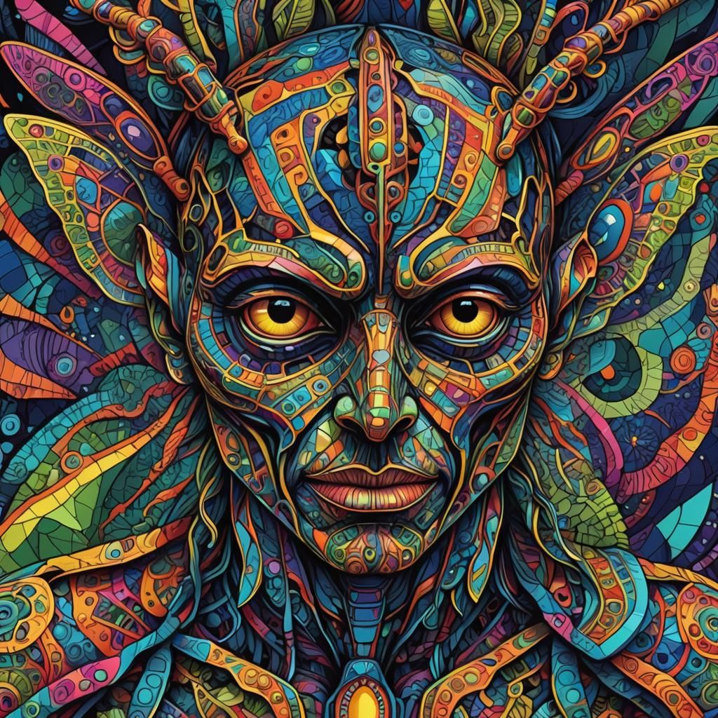 (Hyper detailed close up of a humanoid insect man in psychedelic strong colors:1,8) made of ...