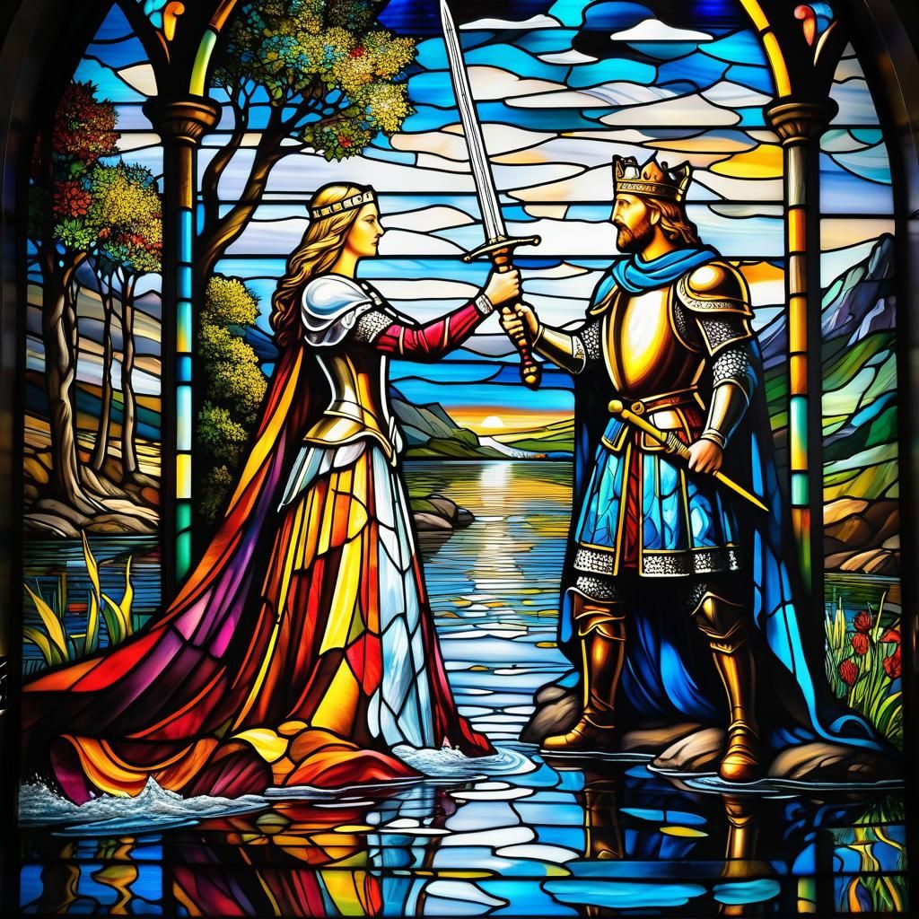 Stained Glass Lady of the Lake Handing Excalibur to King Arthur - AI ...
