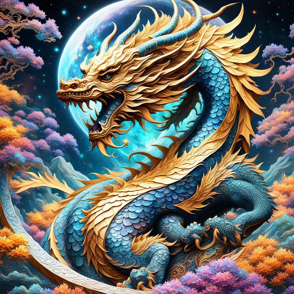 "Cosmic Chinese dragon flying through the cosmos, beautifully decorated ...