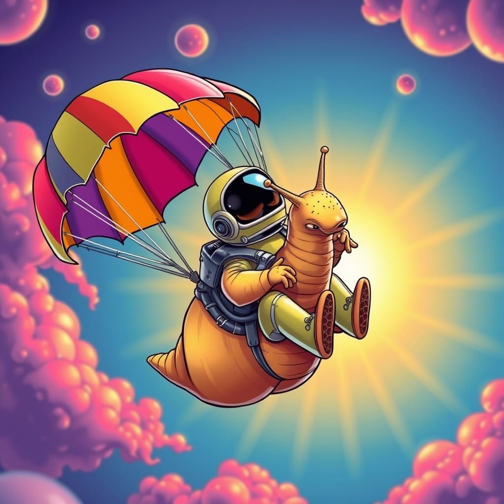 Hyper realistic snail doing a tandem parachute 1970s comic book effect