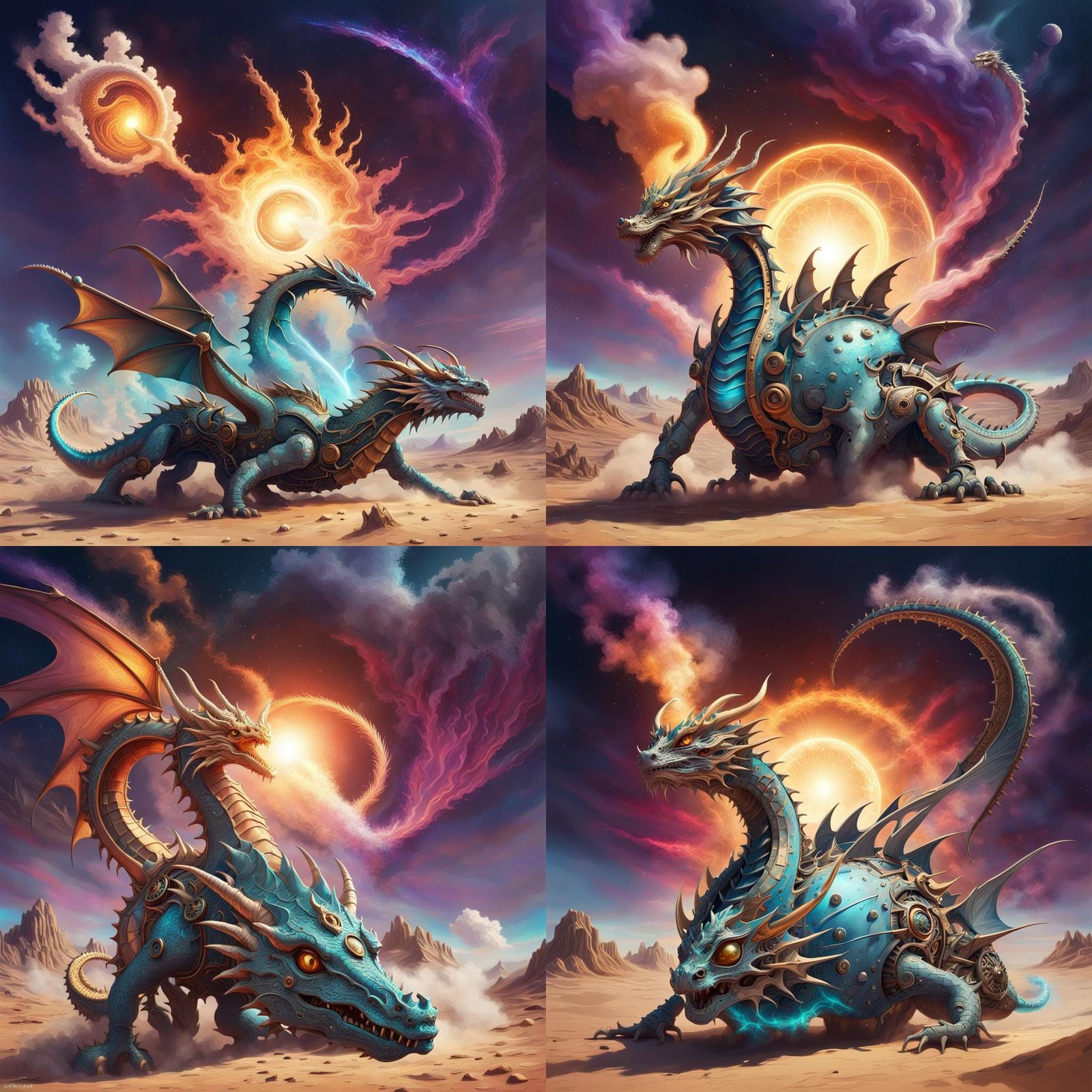 a cosmic desert with a space steam punk dragon with a start in the sky ...