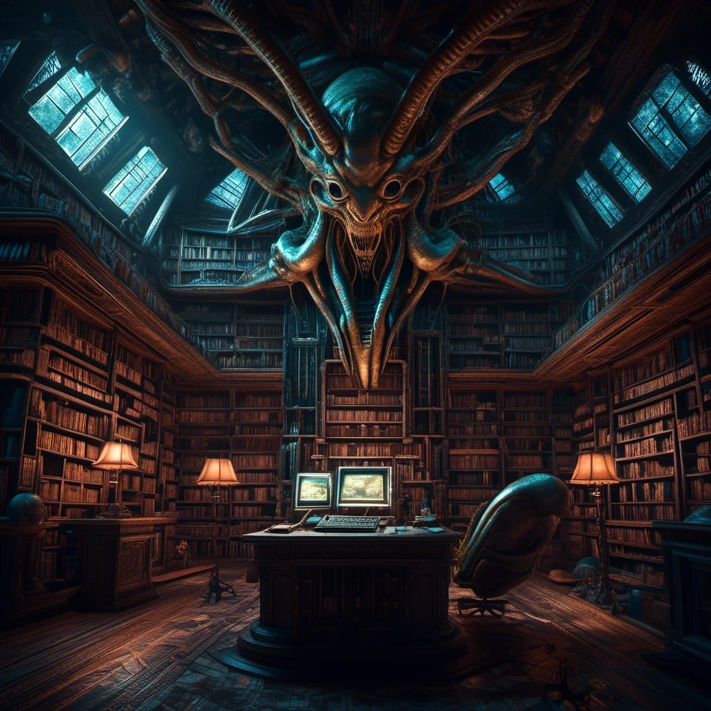 alien computer library on primitive earth, yith, lovecraftian intricate ...