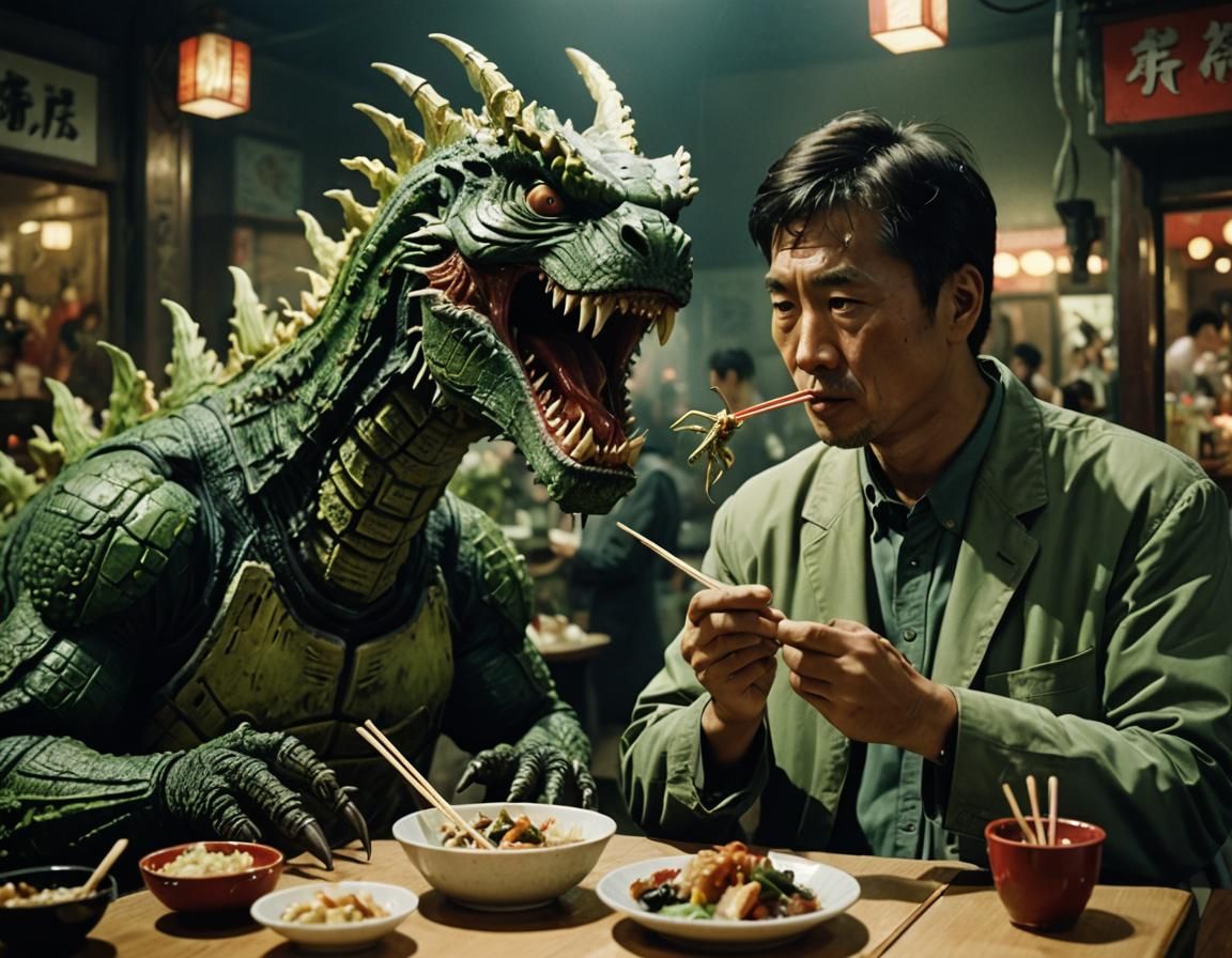 Chinese man with mantis head eating Godzilla with chopsticks Cinematic ...