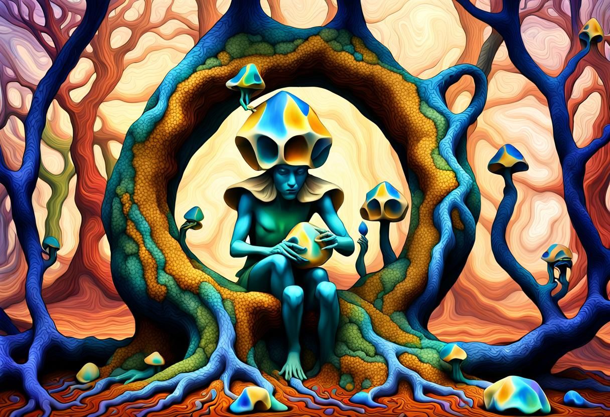 blue jesters with psilocybe heads living into tree roots in ...