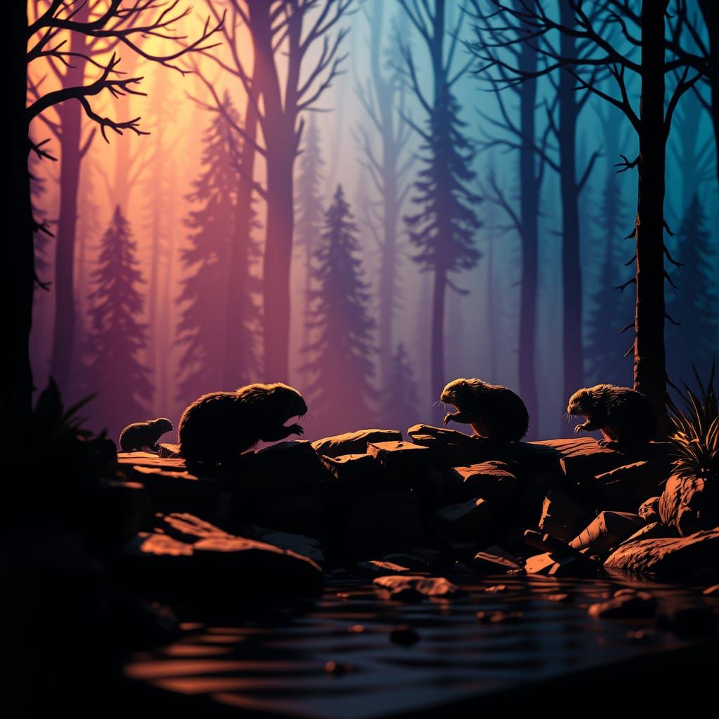 shadow puppets of beavers making a dam