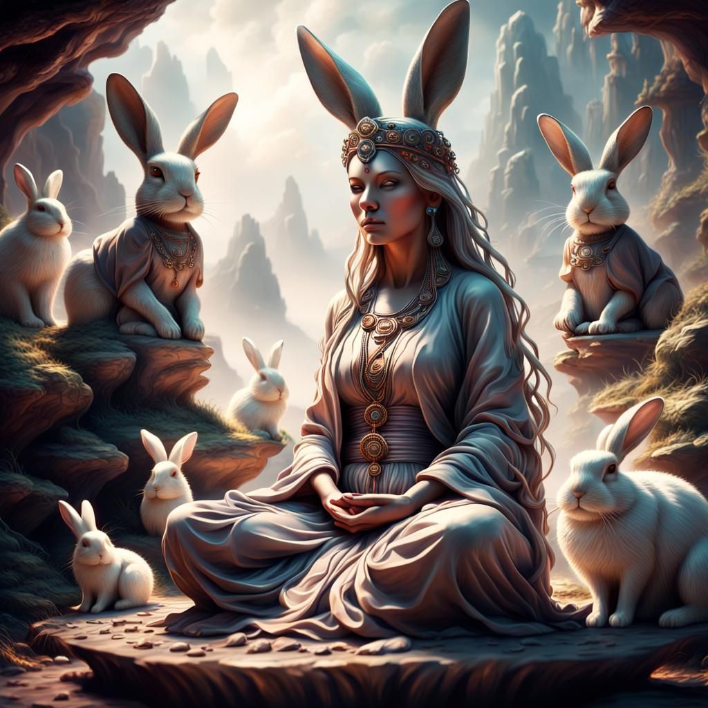 Meditating old Earth Goddess, meditating zen rabbits, 3D, sharp details ...
