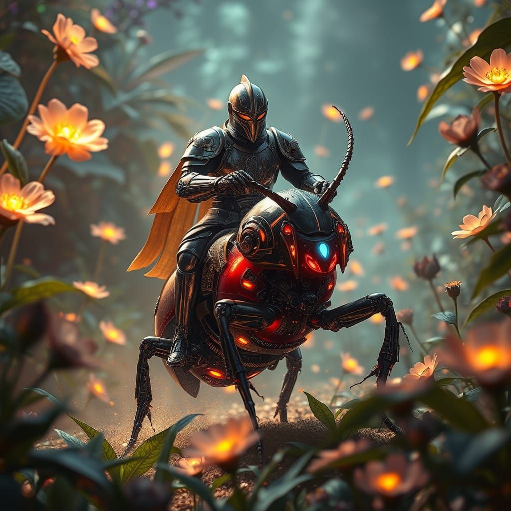 A futuristic knight wearing shining armor rides a biomechanical scarab ...