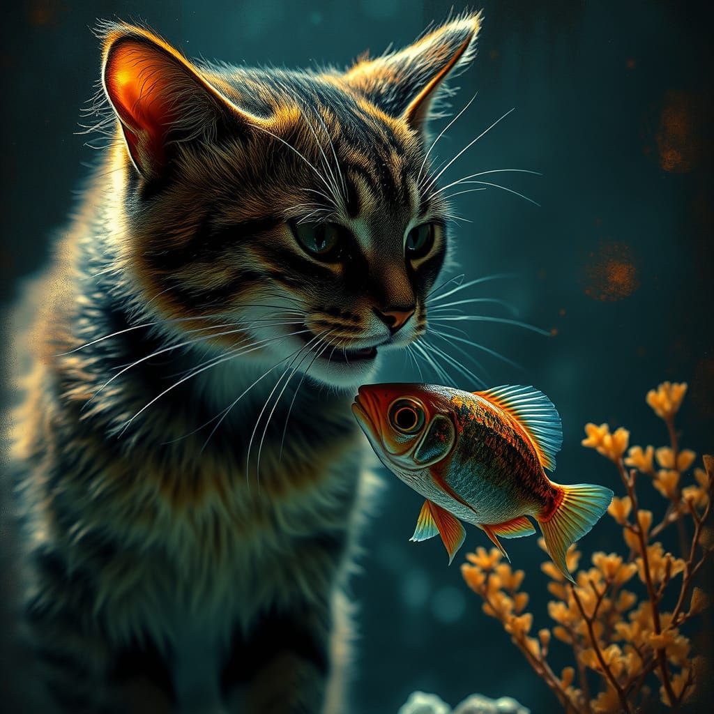 cat trying to catch a fish in an aquarium