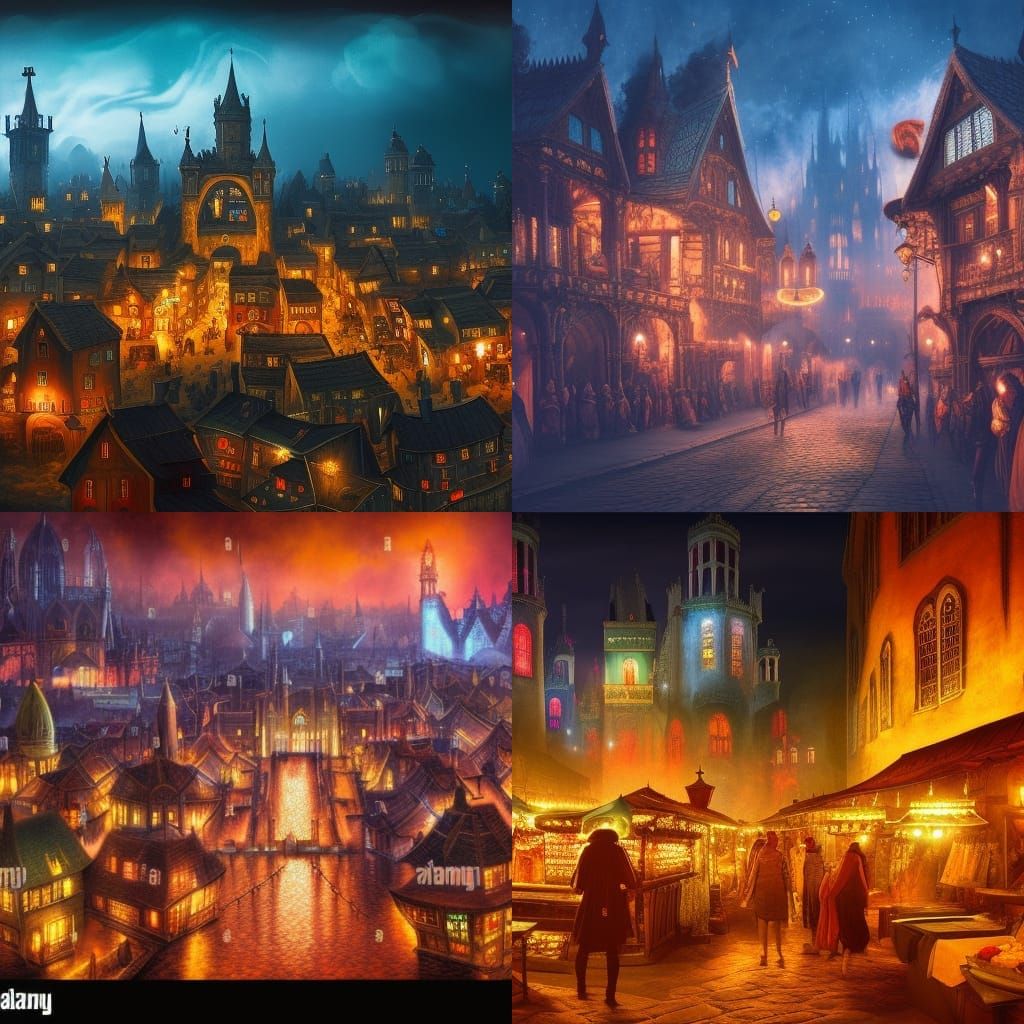 Large splendid medieval city at night, from a distance the lights and ...