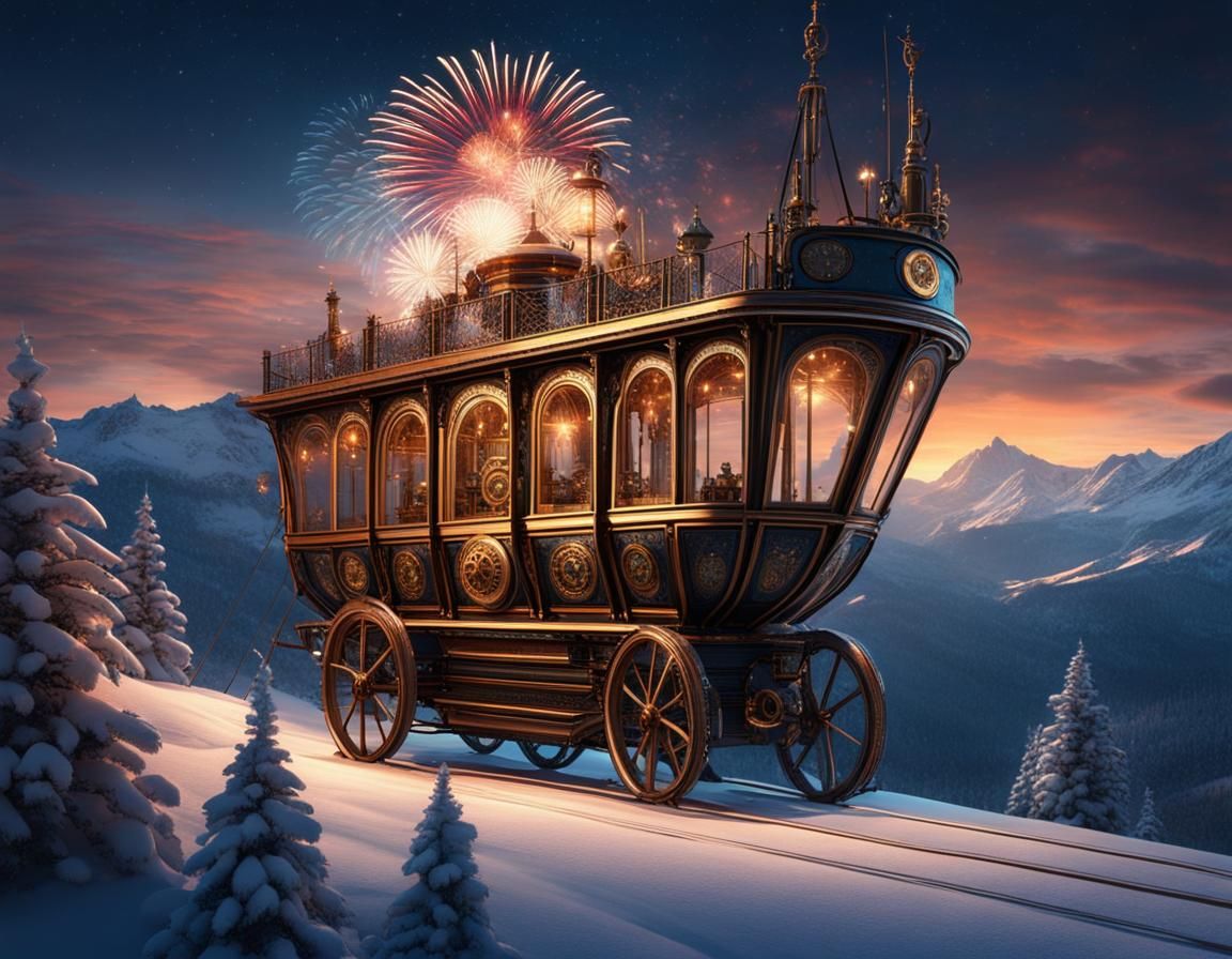 Steampunk Gondola Wheeled riding on the Snowy Mountain - AI Generated ...