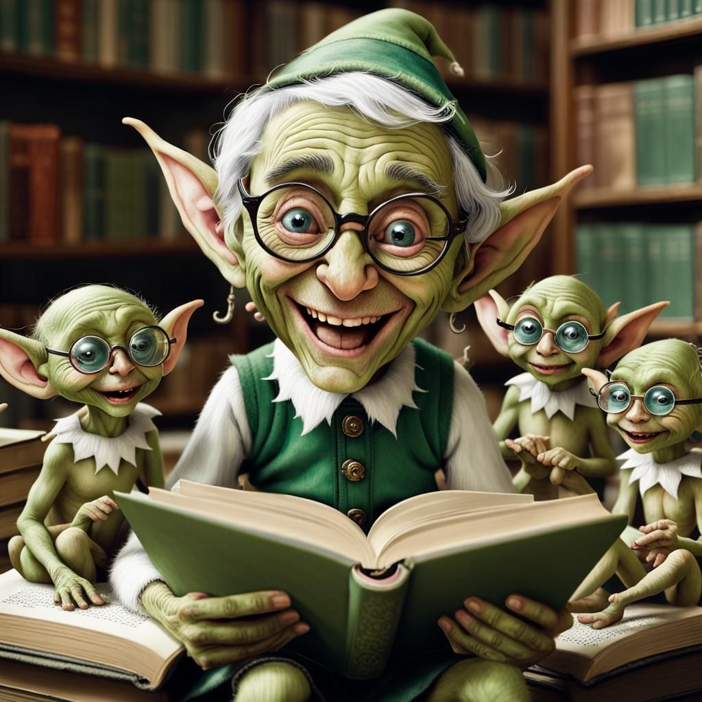 cute Elf is teaching tiny green goblins in a library. Quirky (laughing ...