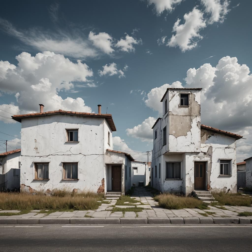 two small houses poor white plain dirty walls neglected walls ...