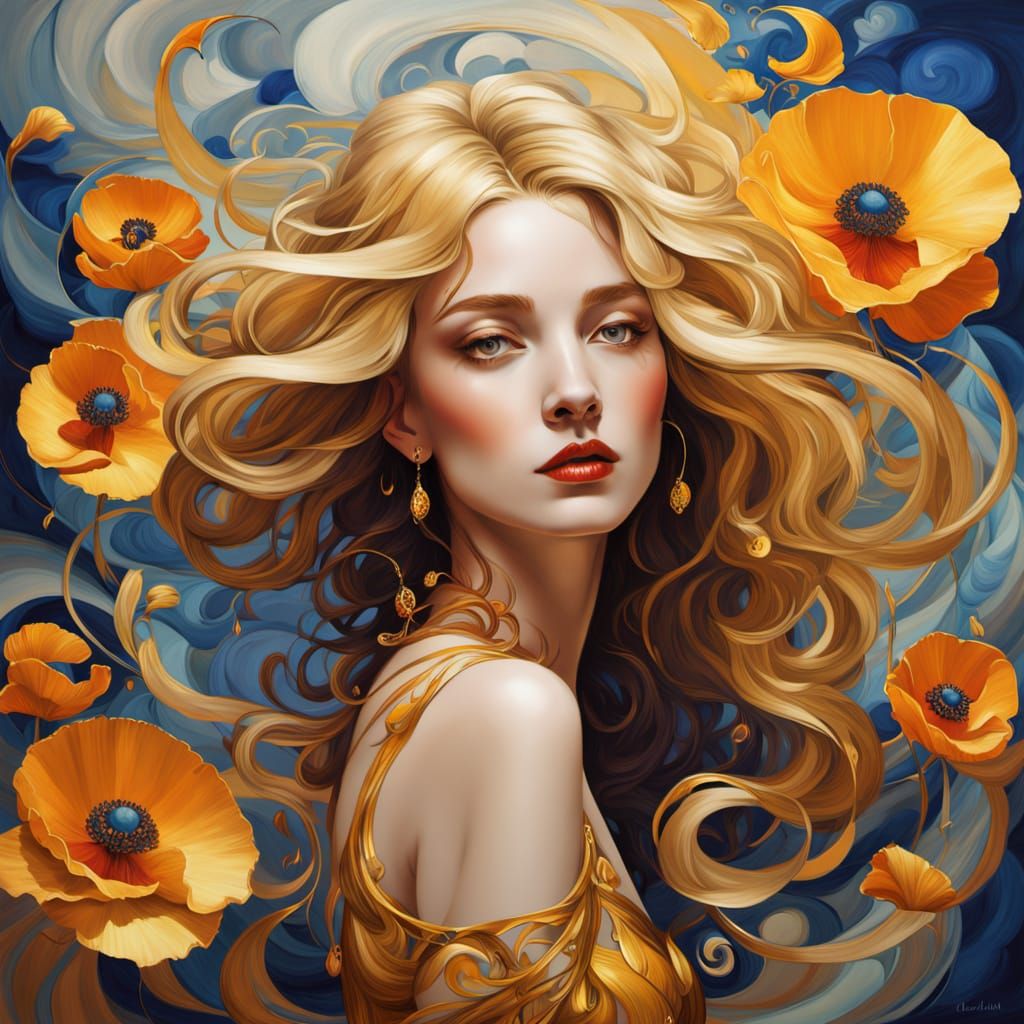 Golden Woman in Ecstatic Dance, in Symbolist Style A stylized, full ...