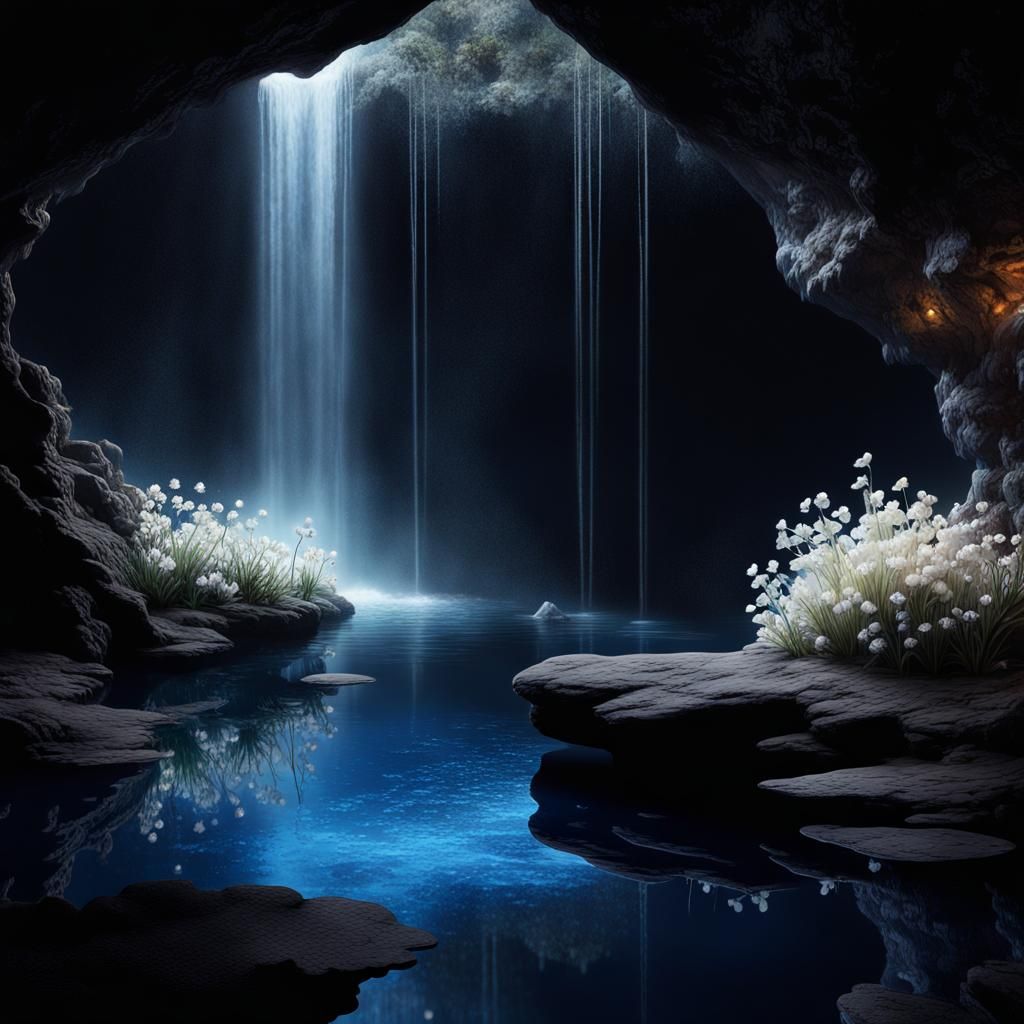 huge spacious cave growing out of a luminous highly reflective black ...