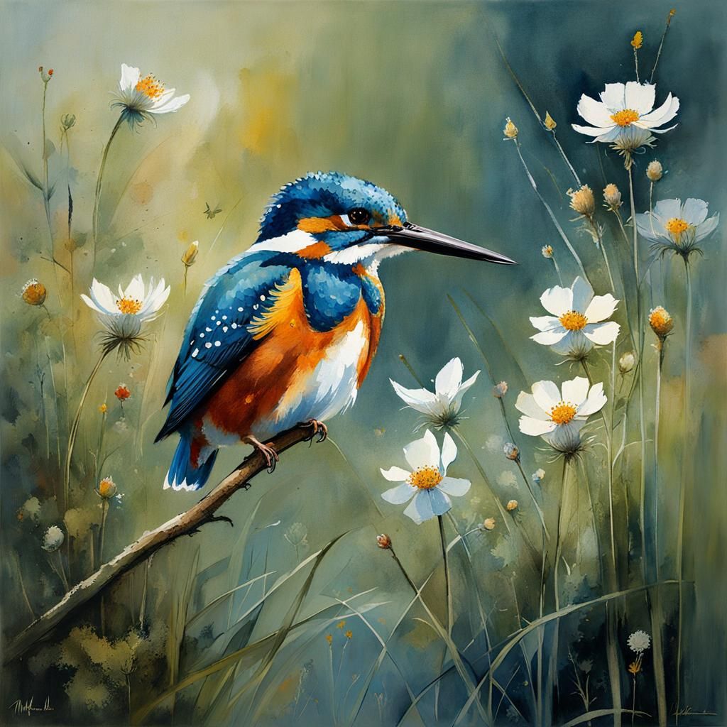 a beautiful kingfisher sits on the river bank with wildflowers and ...