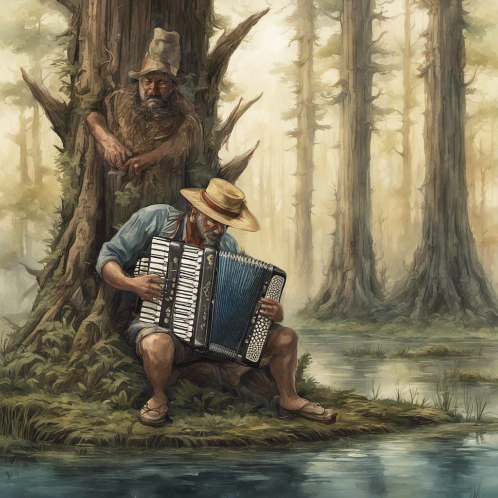 watercolor drawing barefoot cajun man with hat on playing a accordian ...