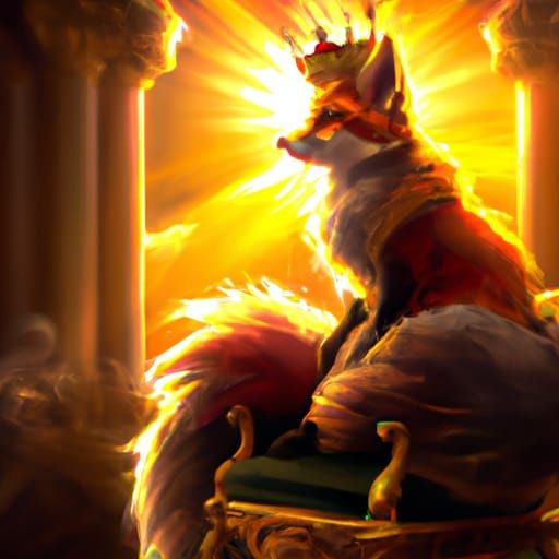 A red fluffy fox with a crown on its head sitting on a throne while the ...