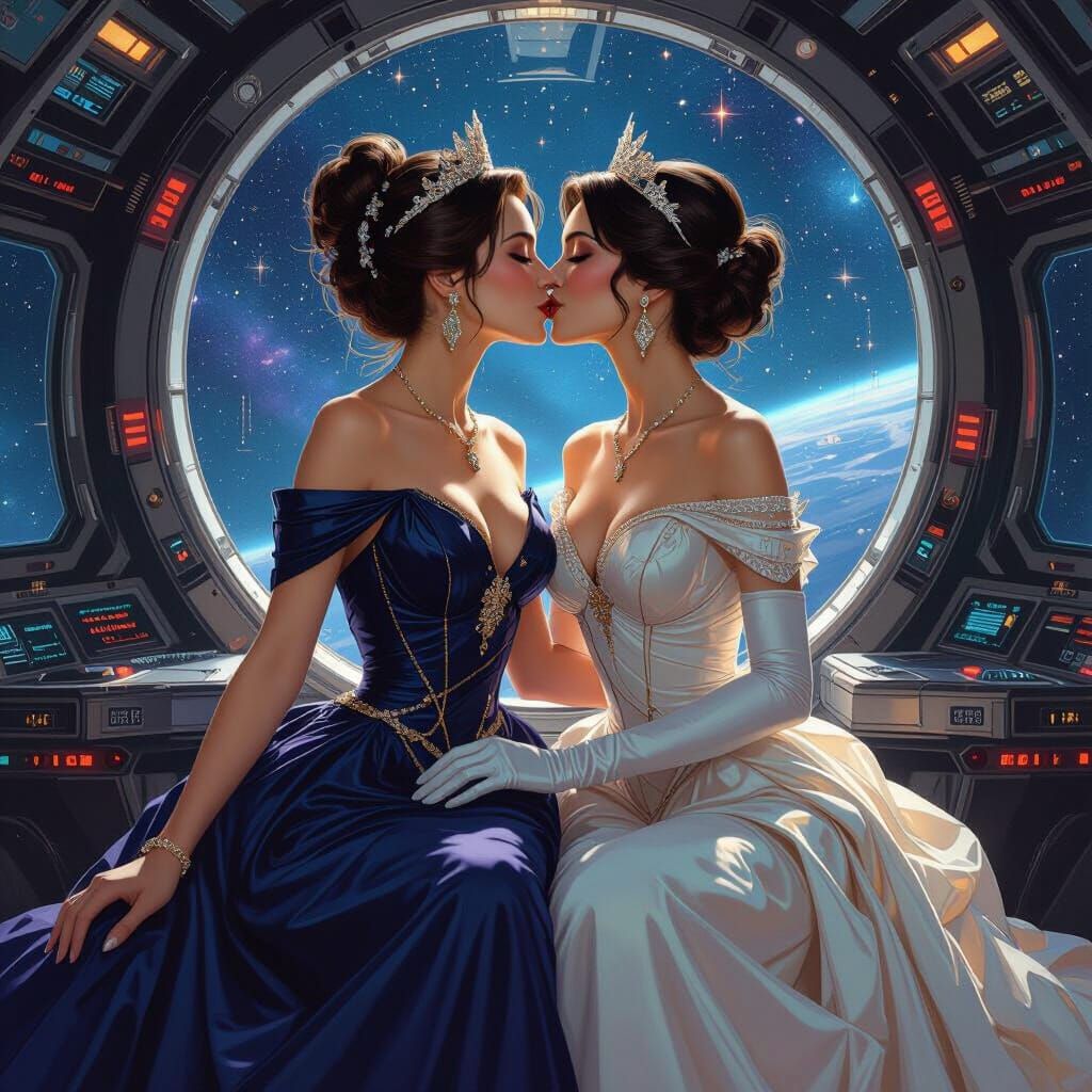 Space Pirate Princesses' Tender Kiss, Art Nouveau ... - AI Art