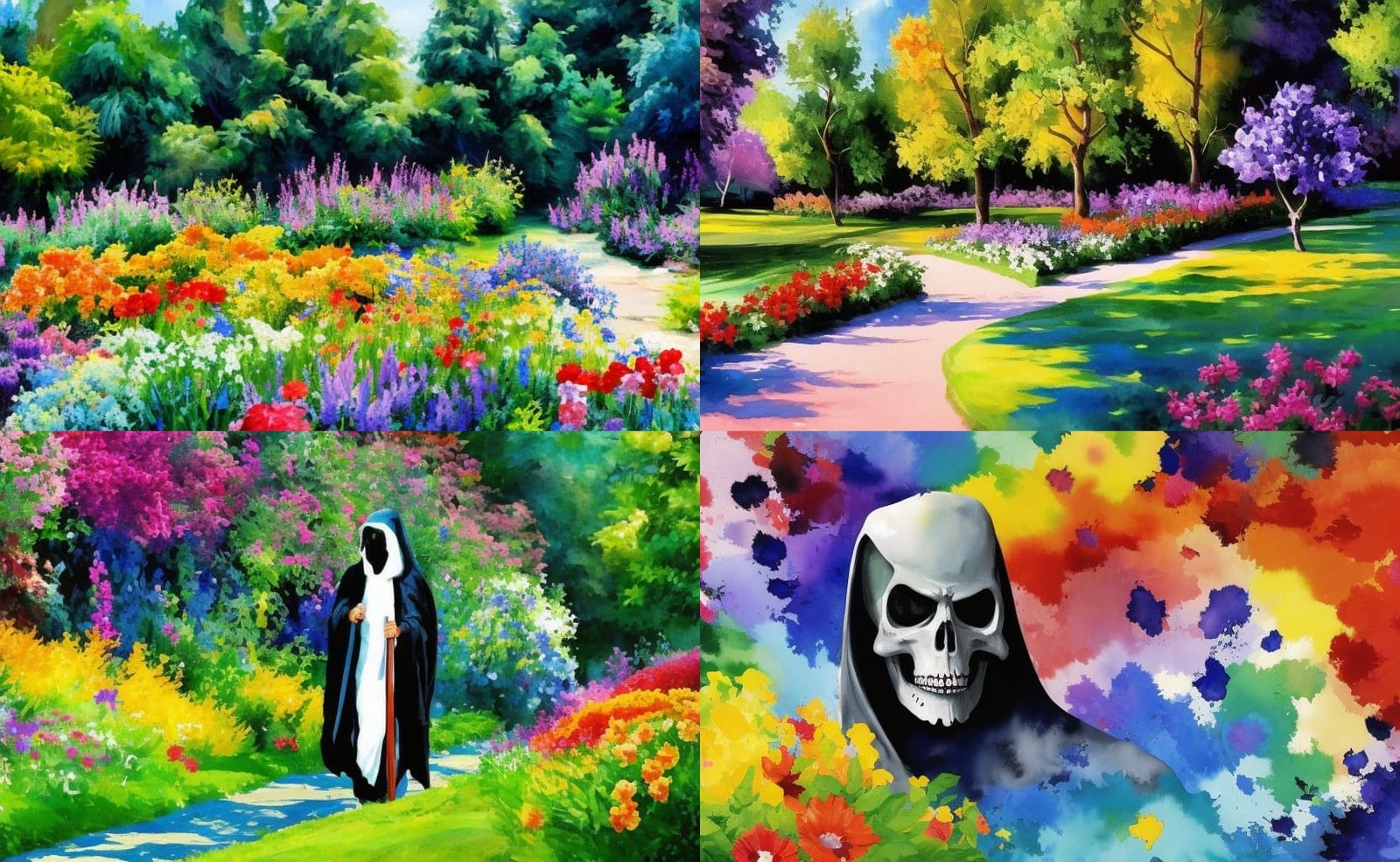 The Grim Reaper in a vibrant and colorful garden in Gouache Style ...