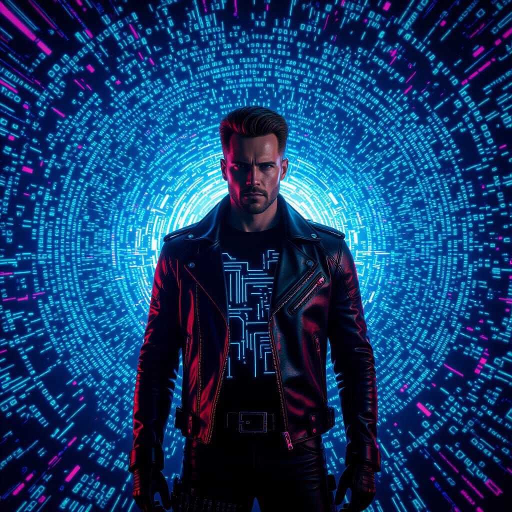 Tron - Neon Circuit Man in Synthwave Data Stream