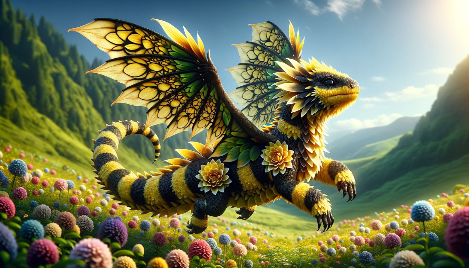 an adorable baby yellow and black striped dragon with scales ...