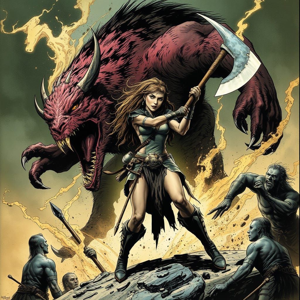 Barbarian Warrior Engages Fierce Beast in Epic Bat... - AI Art