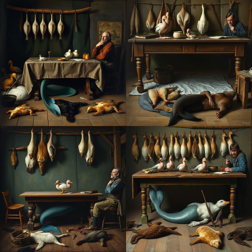 hunter’s table,. with a mermaid underneath on the table, pelts of ...