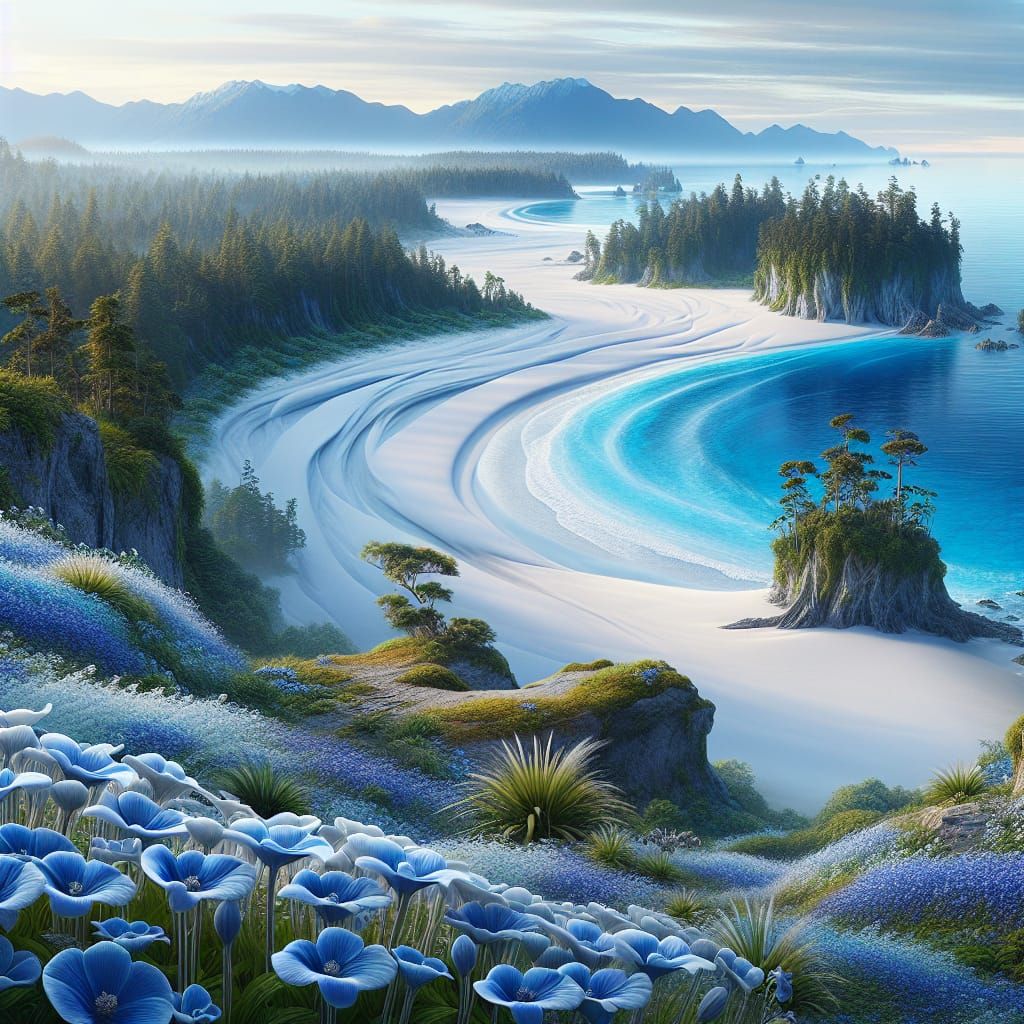 Majestic Peninsula with Whimsical Blue Wildflowers... - AI Art