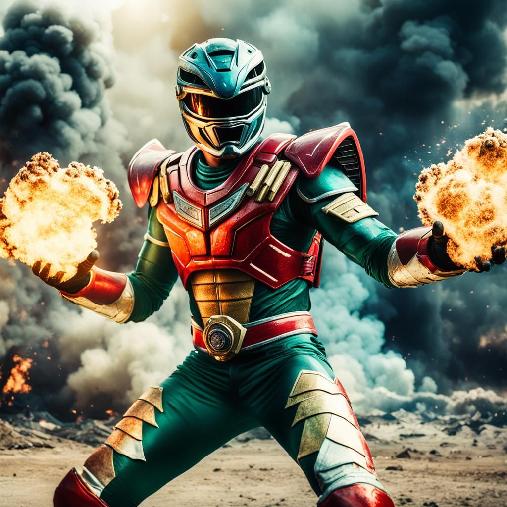 Powerful power ranger shooting fire from his hands, big explosion, heat ...