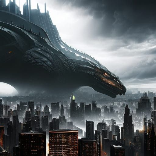 massive,ancient mech towering over sprawling metropolis,casting long ...