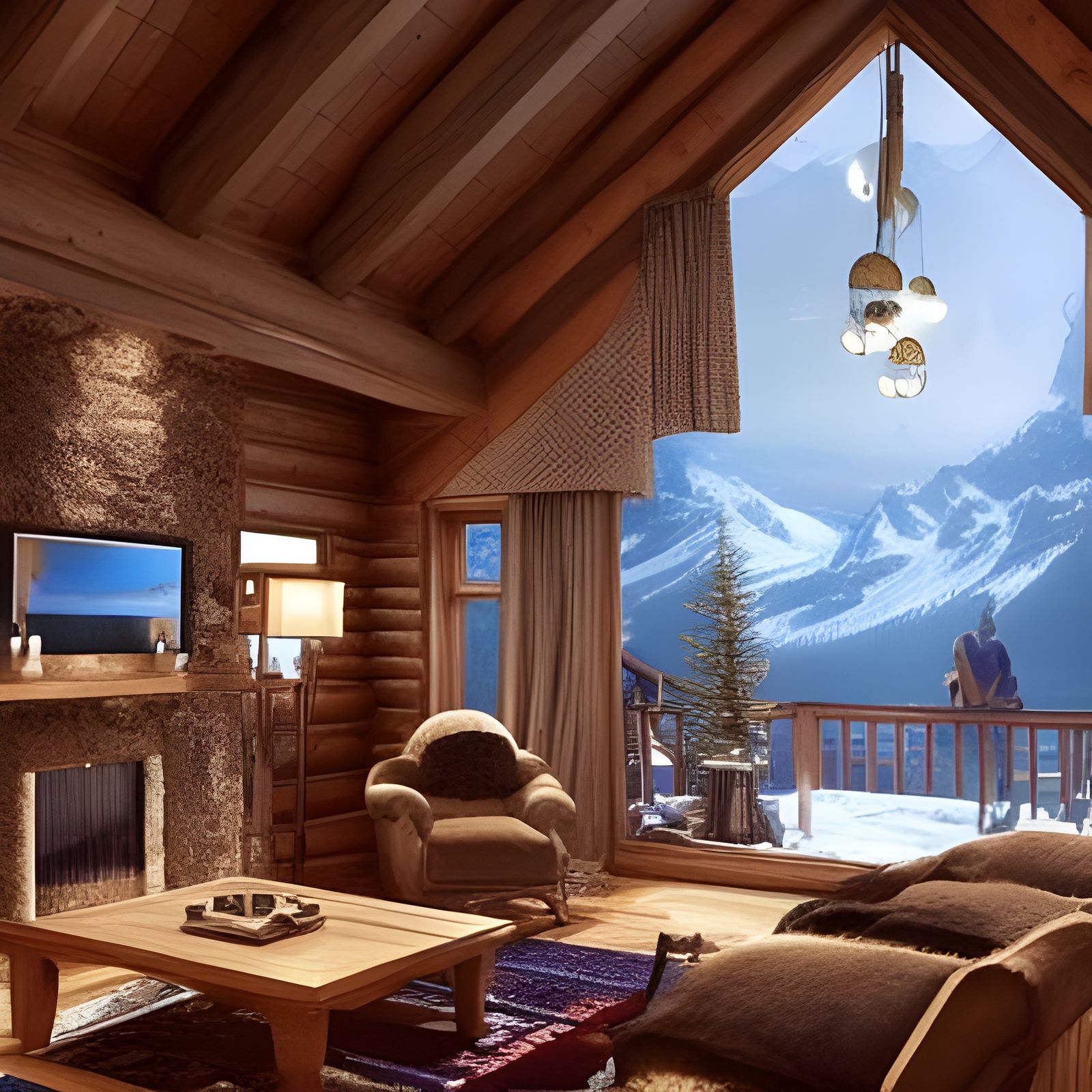 Cozy living room in a Canadian mountain chalet, warm , the cold winter ...