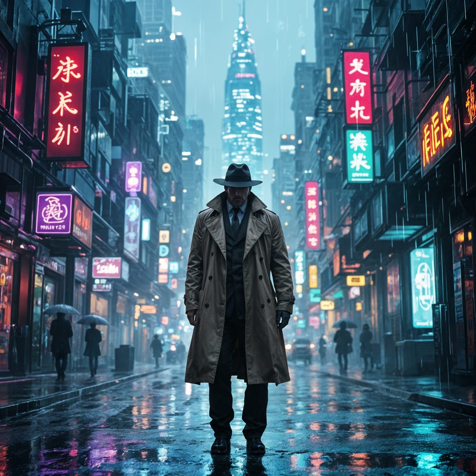 Cyberpunk Detective Stands in Neon-Lit Alleyway - AI Art