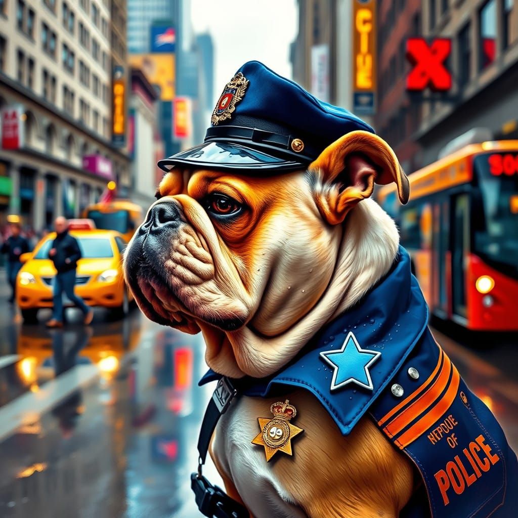 An elegant bulldog as a Metro street police officer