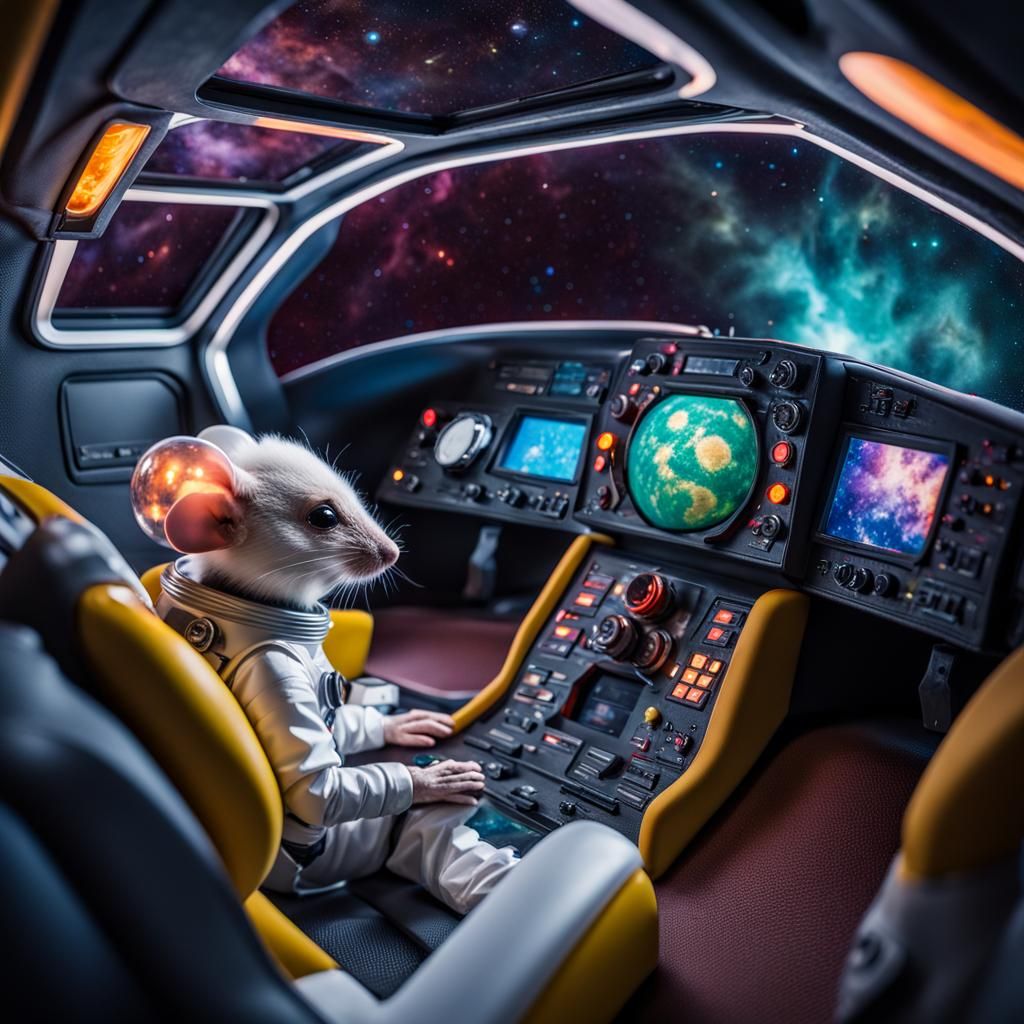 Photograph, Macro, alien mouse dressed as astronauts are in the seats ...