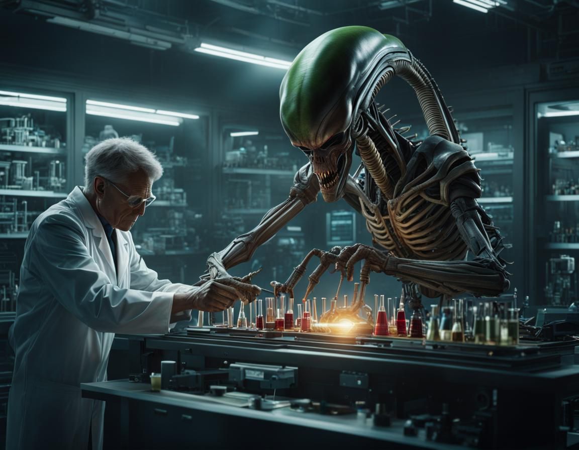 alien scientist disecting a human body in laboratory, Epic cinematic ...