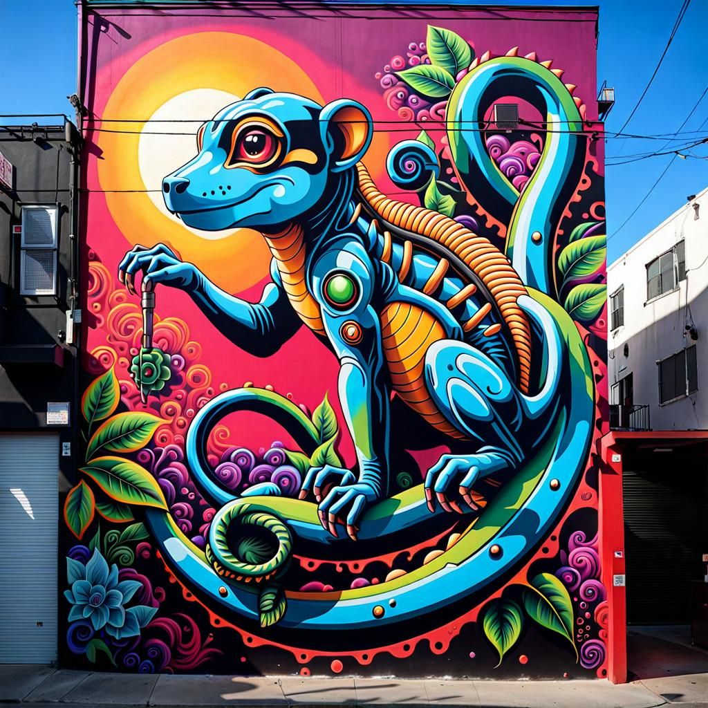 attractive mechanical gecko monkey Cryptid puppy hybrid graffiti art ...