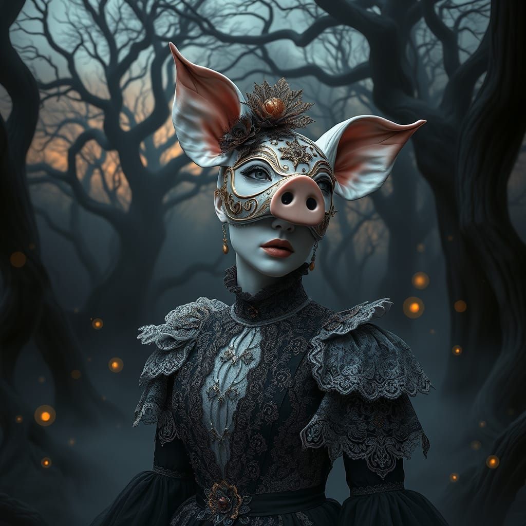 Masquerade Pig - Goth Woman in Lavish Pig Costume Adorns Mys...