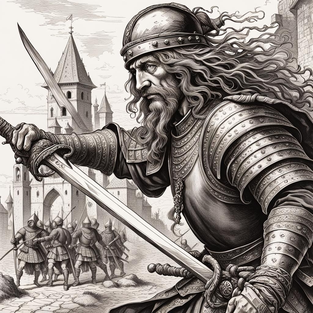 renaissance soldier, flamboyant clothes, taking up sword and heading to ...