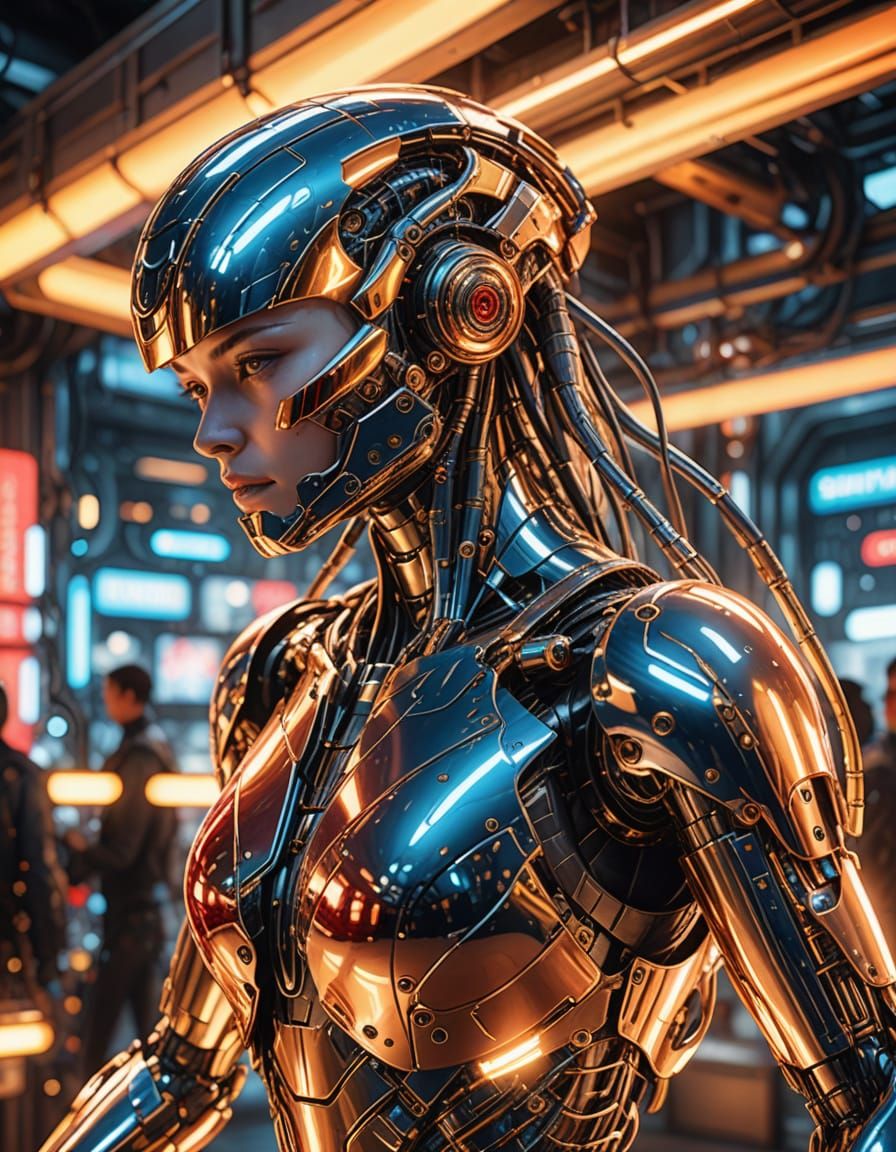 Cyborg Dancer's Lament in Shimmering Blue and Gold - AI Art