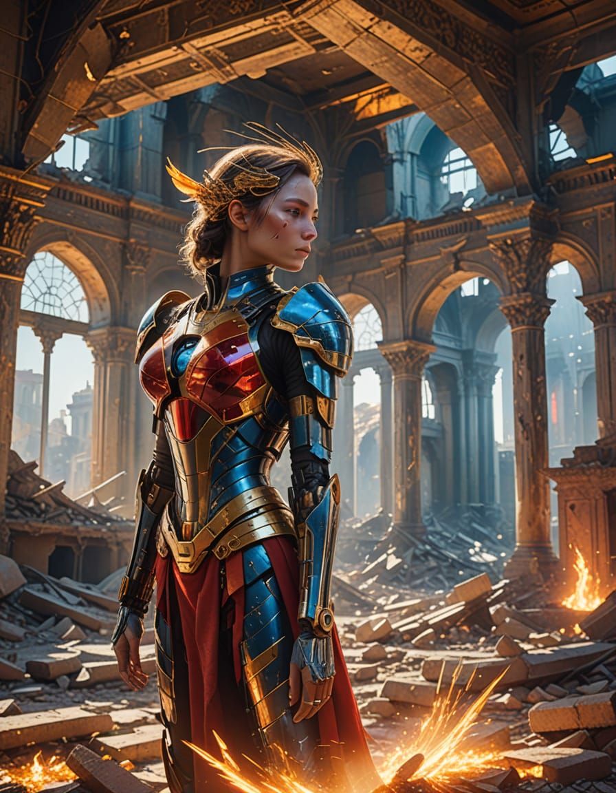 Cyborg Dancer's Lament in Futuristic Ruins - AI Art