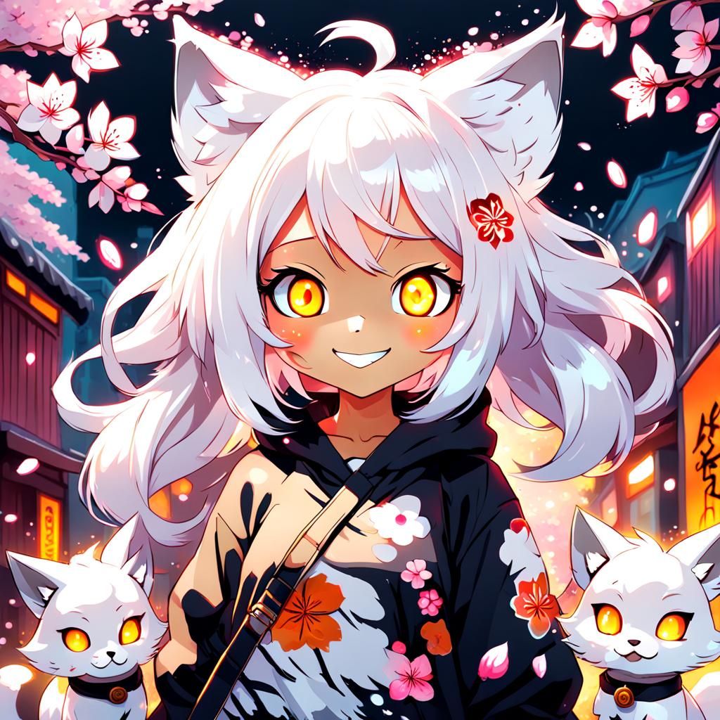 Smiling Chibi anime kitsune girl with white hair and glowing eyes ...