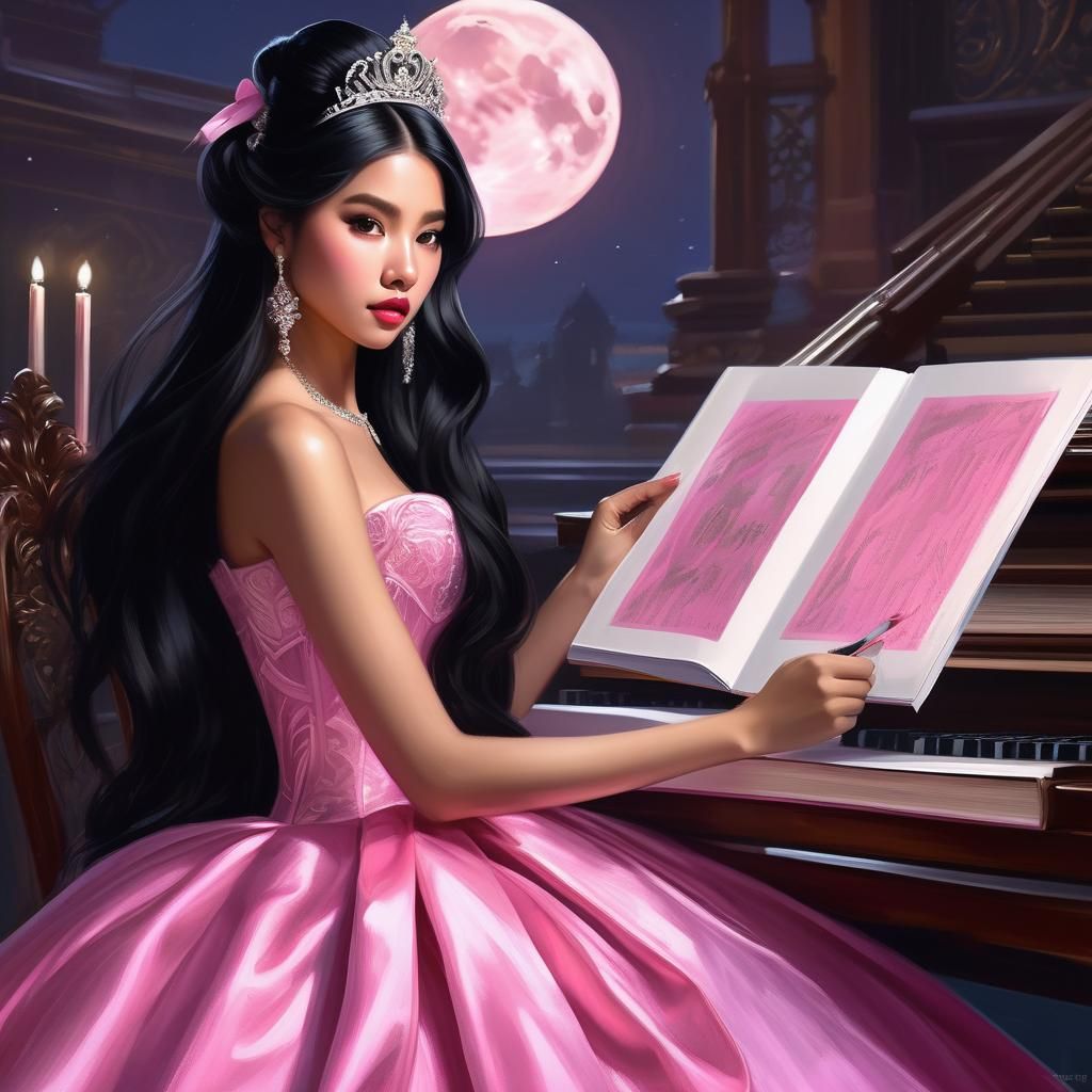 Filipina princess with long black hair, wearing a pink ballgown with ...