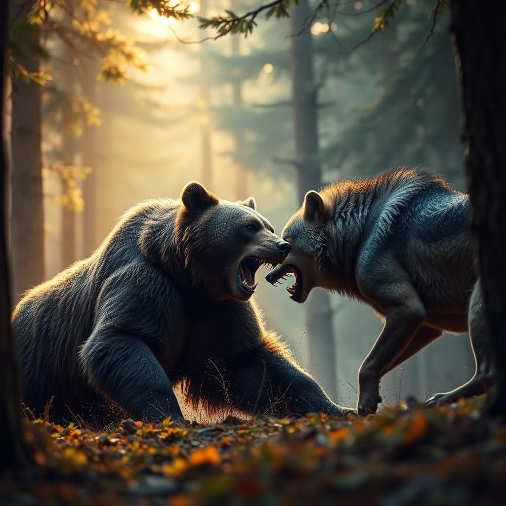 Bear vs. Wolf - Fierce Forest Predators Clash in Photorealis...