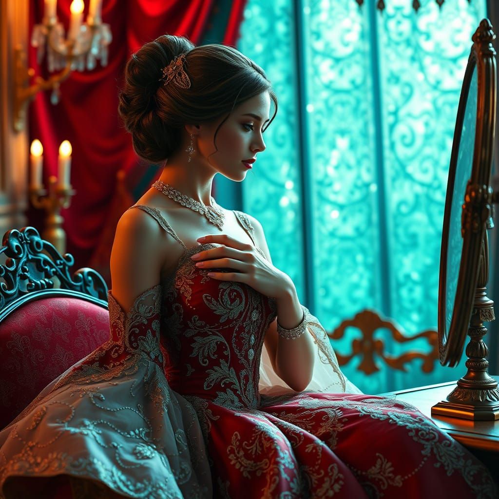 Woman at dressing table (7) - Elegant Woman in Opulent Gown,...