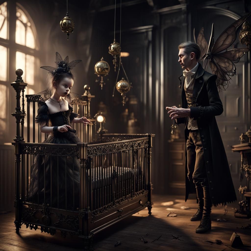 Dark Steampunk Gothic fairy granting talents and curses to a baby in a ...